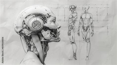 detailed technical blueprint of a humanoid robot head and full body