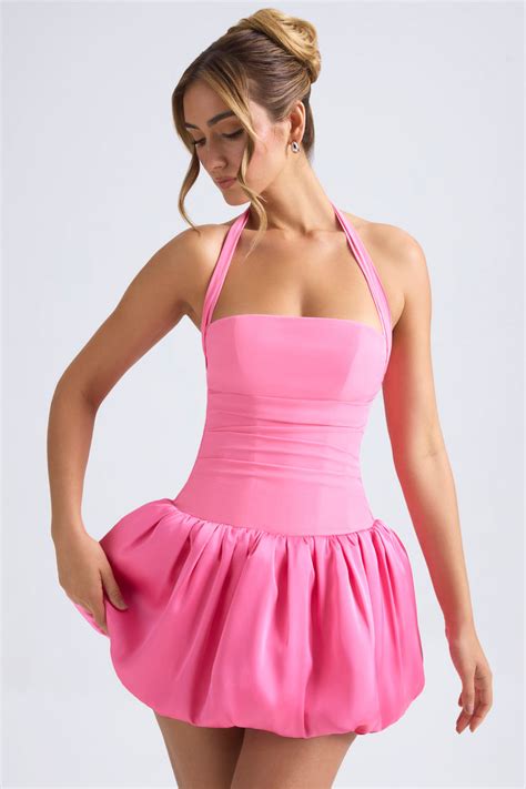 Ludmila Halterneck Lace Up Bubble Hem Corset Micro Mini Dress In Hot