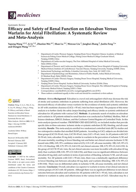 Pdf Efficacy And Safety Of Renal Function On Edoxaban Versus Warfarin