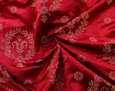 X Vintage French Silk Satin Damask Fabric Cranberry Red