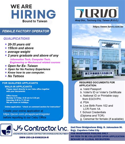 Taiwan Hiring Factory Workers For Turvo International Co Ltd