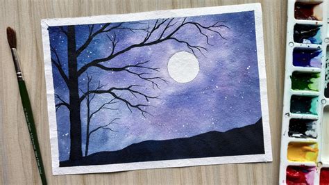 Full Moonlight Night Sky Beginners Watercolor Tutorial Paint With