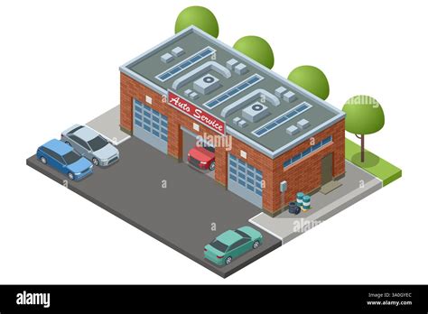 Isometric Vector Illustration Of A Brick Auto Service Building With