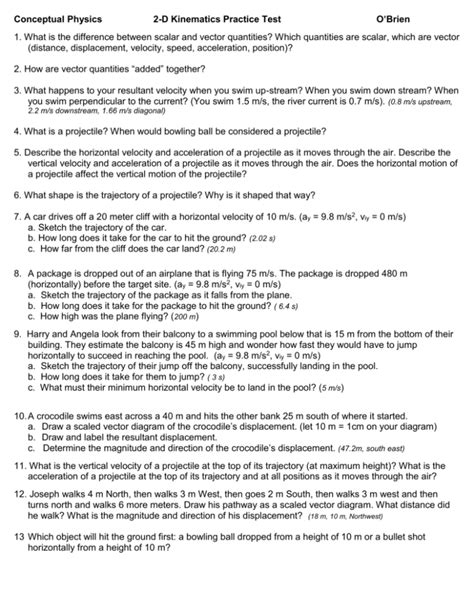 2 D Kinematics Practice Test Conceptual Physics