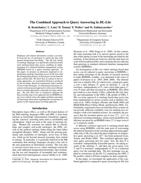 Pdf The Combined Approach To Query Answering In Dl Lite