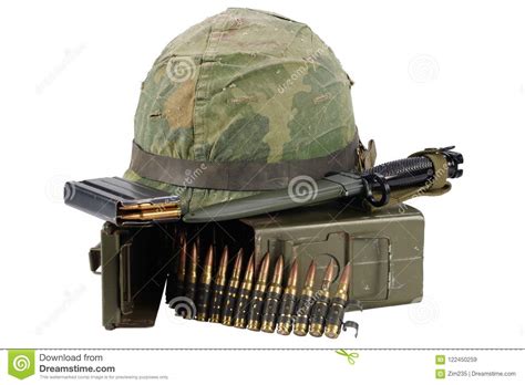 Us Army Ammo Box With Ammunition Belt Bayonet And Helmet Stock Image