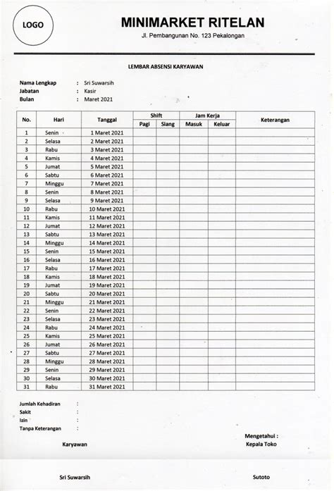Contoh Form Absensi Karyawan Minimarket Manual Per Hari Per Karyawan