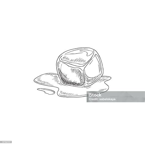 氷の立方体は水たまりで溶け白い背景に分離されたスケッチベクトルイラスト いたずら書きのベクターアート素材や画像を多数ご用意