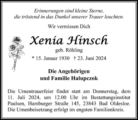 Traueranzeigen Von Xenia Hinsch Sh Z Trauer