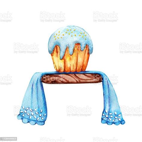 수건으로 부활절 컵 케이크 흰색 배경에 고립 된 수채화를 그리는 손 포장 포장지 인사말 카드 스티커 배경을 위한 디자인 가공의 인물에 대한 스톡 벡터 아트 및 기타 이미지