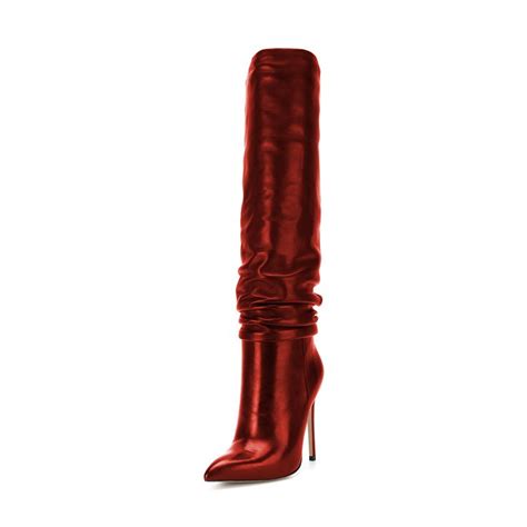 Red Knee High Pointy Toe Stiletto Heel Slouch Boots Stiletto Heels