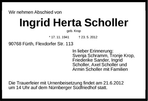 Traueranzeigen Von Ingrid Herta Scholler Trauer Nn De