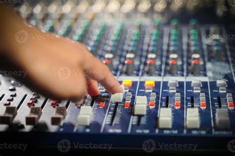 Men S Hands Are Controlling The Console Of A Large Hi Fi System With Flair Light Stock
