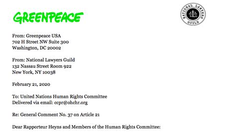 Greenpeace Usa And Nlg Submit Comments To Un Re General Comment 37 On Art 21 Right Of Peaceful