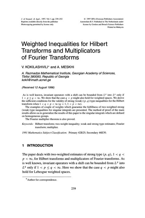 Pdf Weighted Inequalities For Hilbert Transforms And Multiplicators Of Fourier Transforms
