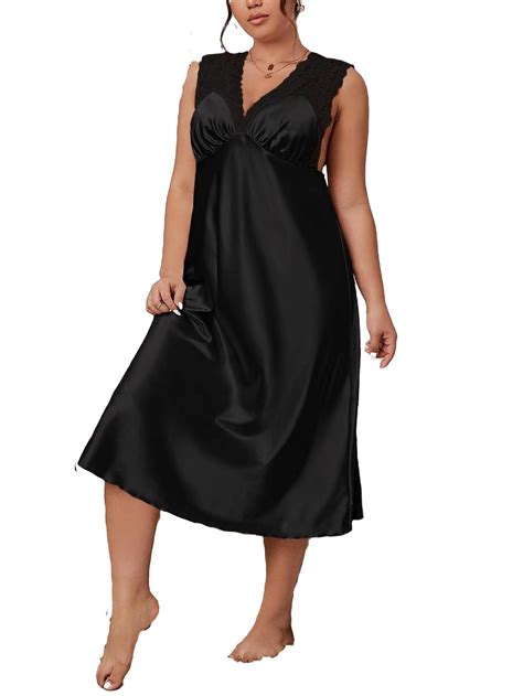Black Elegant Plain V Neck Nightgowns Sleeveless Plus Size Nightgowns