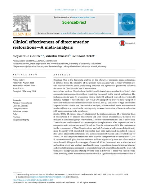 Pdf Clinical Effectiveness Of Direct Anterior Restorations—a Meta Analysis