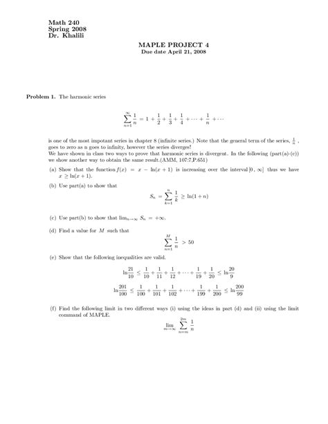 Practice Problem On Intermediate Calculus Maple Project 4 Math 240