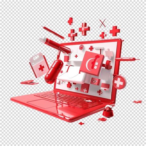 Signo médico rojo y botiquín de primeros auxilios con portátil aislado