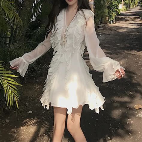 여성 여름 요정 V 목 흰 드레스 미니 여성 달콤한 주름 캐주얼 의류 Boho 짧은 쉬폰 우아한 홀리데이 비치 드레스 드레스