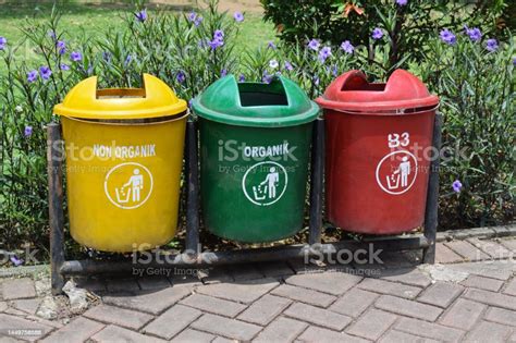 Different Colored Trash Cans In The Park B3 Non Organic And Organic