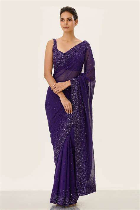 Buy Nakul Sen Purple Chiffon Sequin Embellished Saree With Blouse