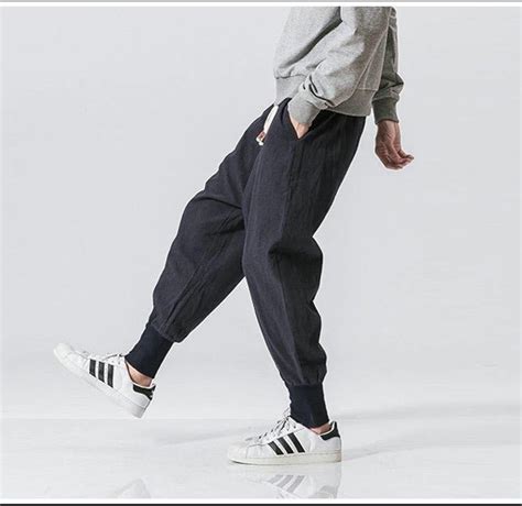 Чоловічі штани лляні штани з мотнею афгані шаровари вільні на завязках сині з кишенями Xl