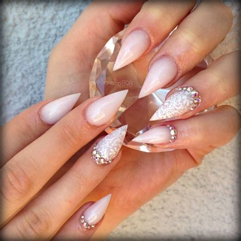 Natural White Pointy Nails With Lace And Crystals Pointy Nails Stilleto Nails Designs Pointy
