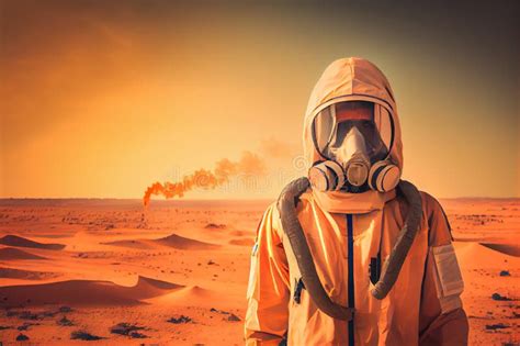 Man In Yellow Chemical Protection Suit And Face Protective Mask