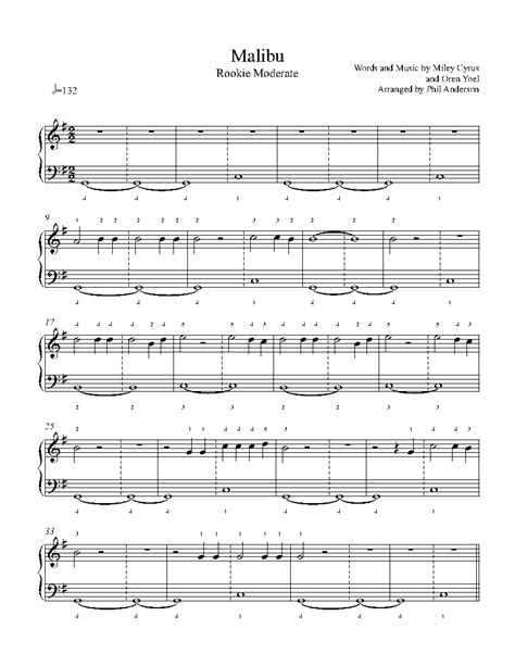 Malibu By Miley Cyrus Sheet Music And Lesson Rookie Level
