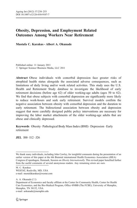 Pdf Obesity With Comorbid Depression And Early Retirement