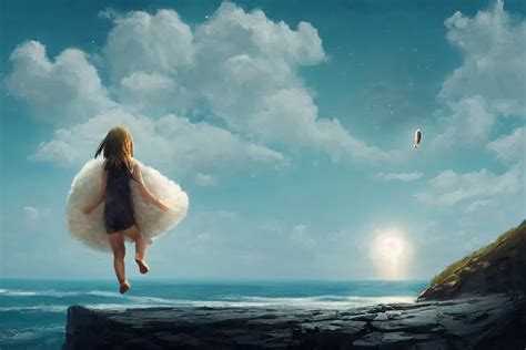 Giant White Daisy Flower As Face Girl Jumping On Stable Diffusion