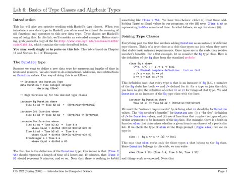 Basics Of Type Classes And Algebraic Types Lab 6 Cis 252 Docsity