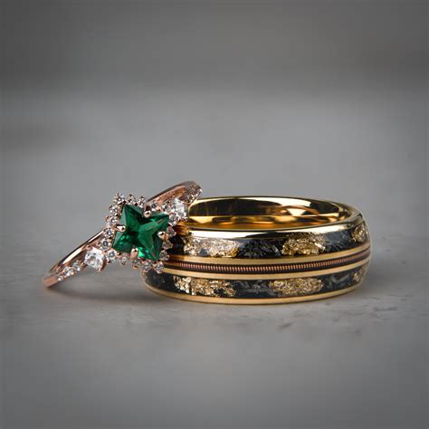 Emerald Womans Ring And Mans Tungsten 18k Gild Filled Ring