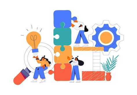 비즈니스 개념 퍼즐 요소를 연결하는 팀은 유 사람들 벡터 일러스트 레이 션 평면 디자인 스타일 팀웍 협력 파트너십 벡터 평면 벡터 일러스트 레이 션의 상징 프리미엄 벡터