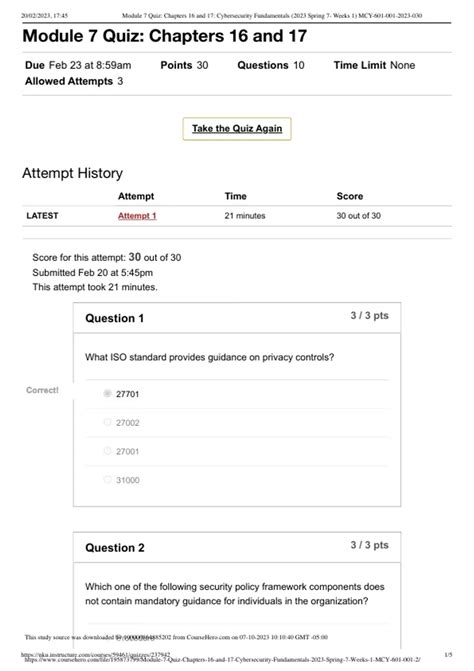 Module 7 Quiz Chapters 16 And 17 Cybersecurity Fundamentals 2023 Spring 7 Weeks 1 Mcy 601 001