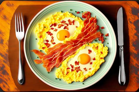 Premium Photo Scrambled Eggs With Bright Mouthwatering Fried Bacon
