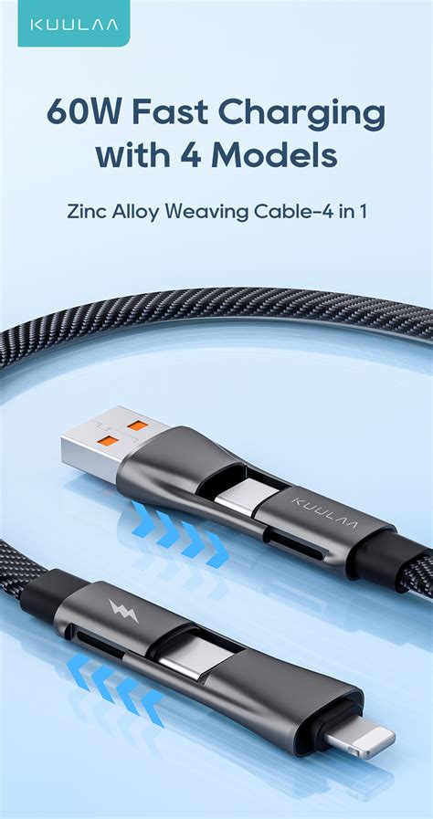 Kuulaa สาย Usb C 4 In 1 สาย Usb C 60w สายชาร์จ Usb C พร้อมตะขอและที่รัดห่วงและการจัดการสายเคเบิล