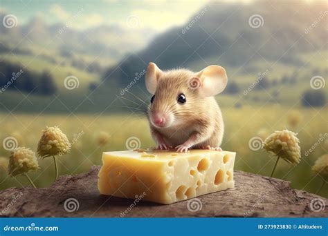 Cute Mouse Nibbling On Piece Of Cheese With View Of Open Field In The