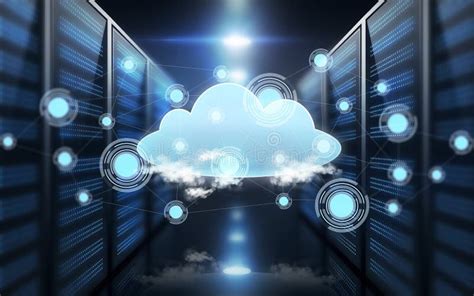 Virtual Cloud Hologram Over Futuristic Server Room Stock Illustration Illustration Of Database