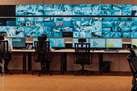 Stockfoto Empty Interior Of Big Modern Security System Control Room