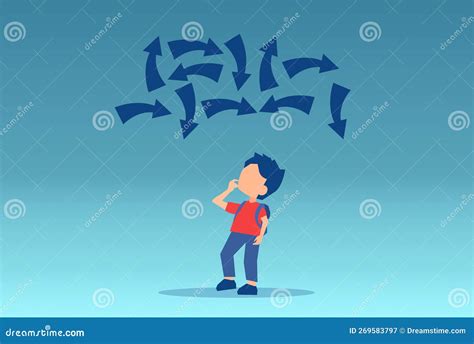 Vector Of A Boy Student Looking Up Confused At Multiple Arrows Stock