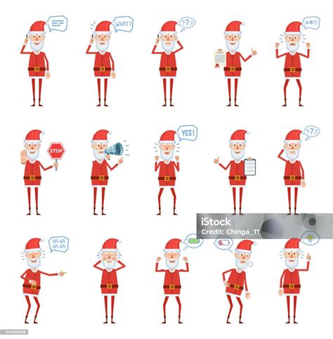 산타 클로스 캐릭터의 큰 세트는 다른 상황에서 포즈 쾌활 한 산타 클로스 전화 통화 정지 신호를 들고 확성기 문서 및 기타 작업을 수행 가득 찬에 대한 스톡 벡터 아트 및