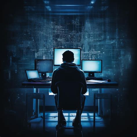 Premium Ai Image Hacker Sitting At The Computer Cyber Security And Antispyware Concept Ai