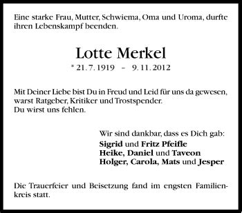Traueranzeigen Von Lotte Merkel Stuttgart Gedenkt De
