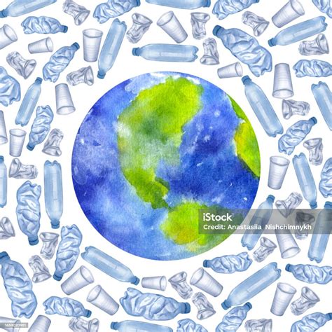 행성 지구 주변의 플라스틱 쓰레기 일회용 파란색 투명 병 컵 손으로 그린 수채화 그림은 흰색 배경에 분리되어 있다 생태학 플라스틱에 대한 스톡 벡터 아트 및 기타 이미지