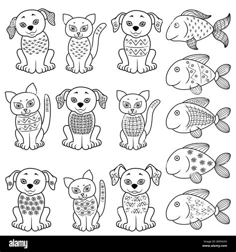 Eingestellt Von Lustigen Cartoon Katzen Hunde Und Fische Mit