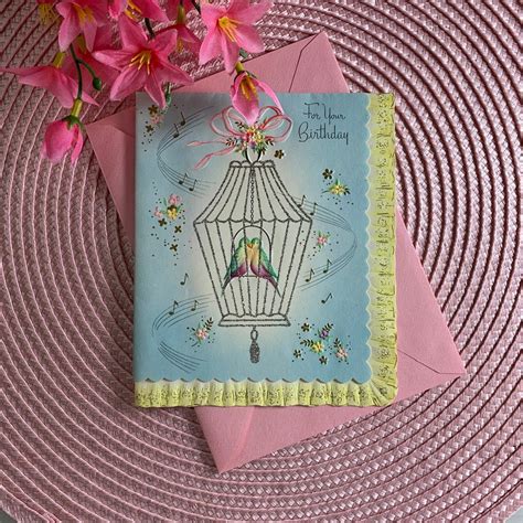 Vintage UNUSED Birthday Greeting Card With Envelope S Kitschy Mid Century Modern Embossed
