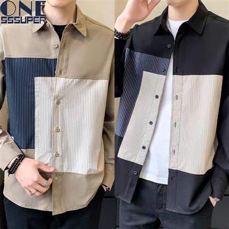 Jual Kemeja Blok Warna Pria Splicing Warna Kontras Jaket Kemeja Longgar