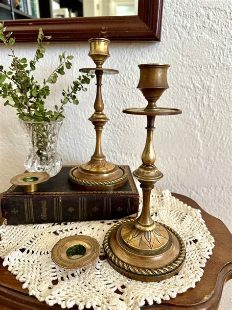 Pair Vintage Etched Brass Taper Candlestick Holders Brass Candlestick